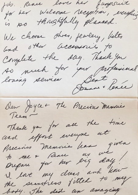 Renee Sarno thankyou note ⋆ Precious Memories Bridal Shop